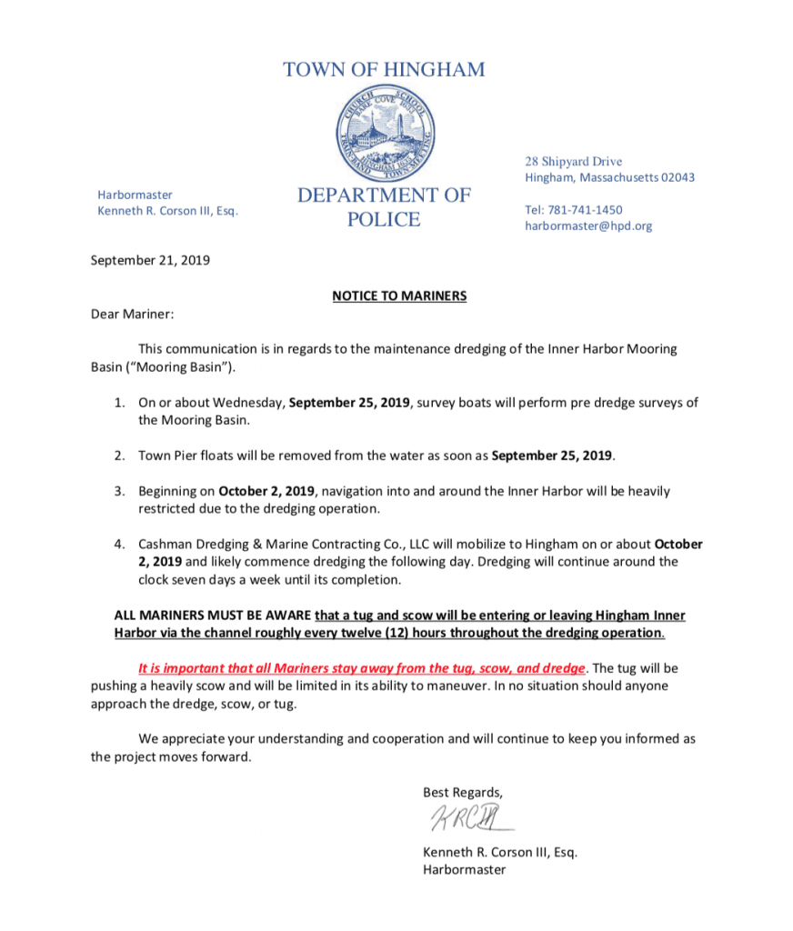 Notice to all Mariners: Harbor Dredging to Begin Soon - Hingham Anchor